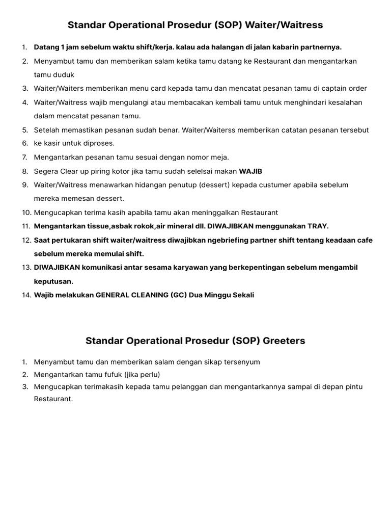 SOP Waiter/Waitress untuk Restoran | PDF