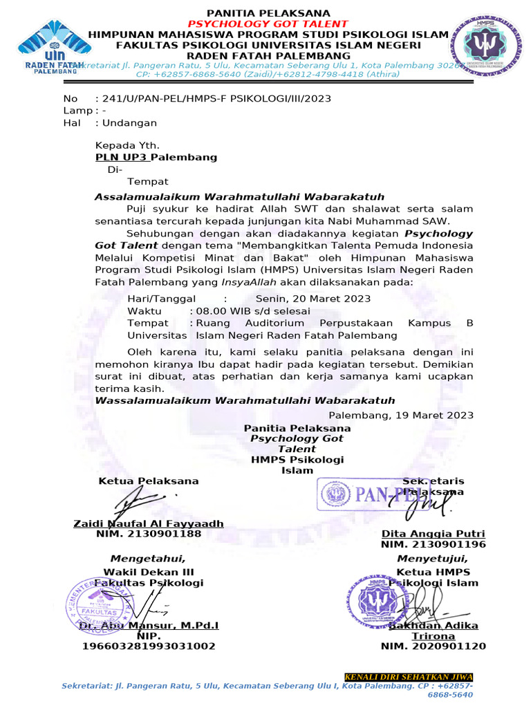 Surat Undangan PLN UP3 Palembang (TTD SCAN) | PDF