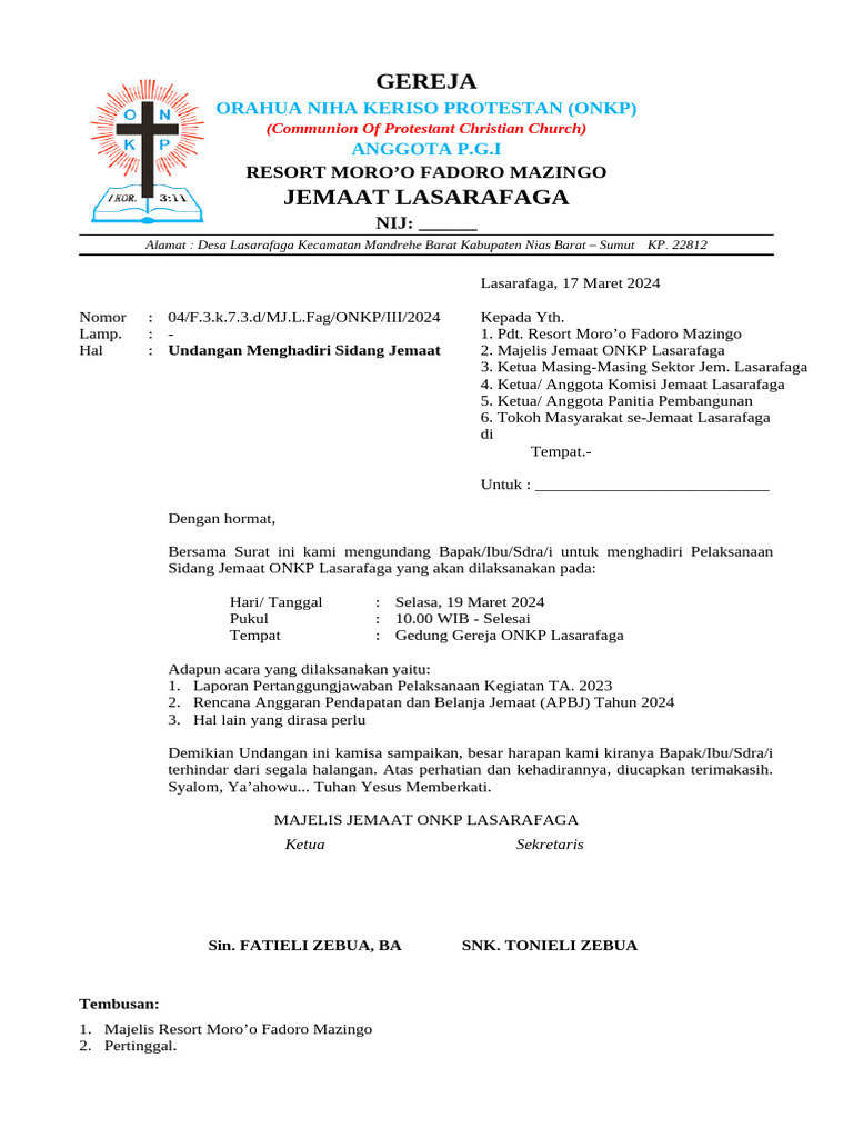 Undangan Sidang Jemaat ONKP Lasarafaga | PDF