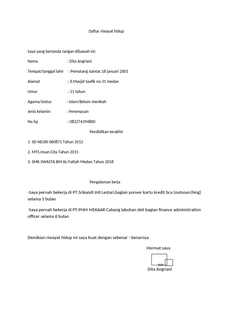 Riwayat Hidup Dita Angriani 2023 | PDF