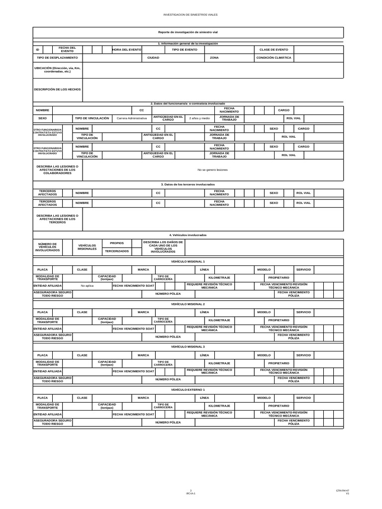 GTH-FM-47 V1 Investigación de Siniestros Viales | PDF | Seguro de vehículo | Póliza de seguros