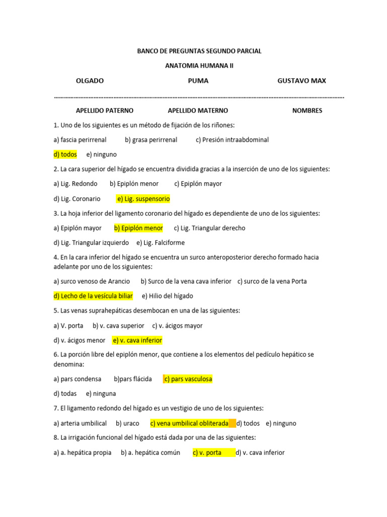 OLGpum - BANCO DE PREGUNTAS 2 PARCIAL ANATOMIA II - G | PDF | Hígado | Abdomen