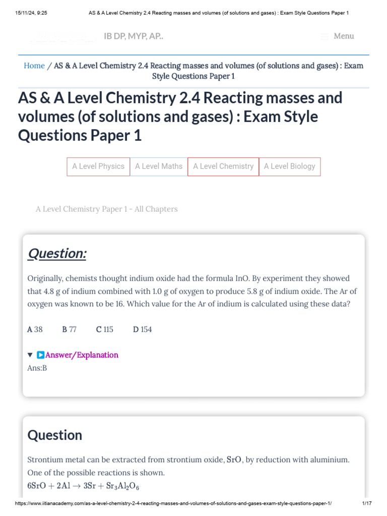 Reacting Masses and Volumes (Of Solutions and Gases) - Exam Style Questions Paper 1 MS | PDF ...