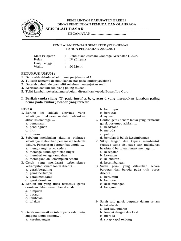 Soal PTS 2 Mapel PJOK Kelas IV (Terkirim) | PDF