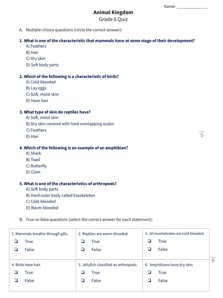 Animal Kingdom - Grade 6 Quiz | PDF | Skin | Amphibian