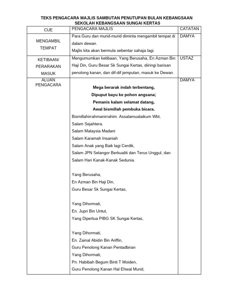 Teks - Pengacara - Majlis - Sambutan - Hari Kanak-Kanak SKSK 2024 | PDF