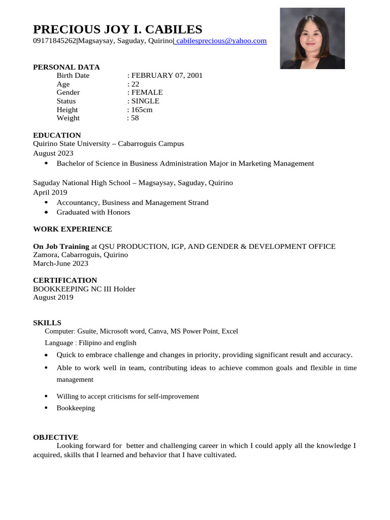 Cabiles, Precious Joy Isip. Resume1 3 | PDF