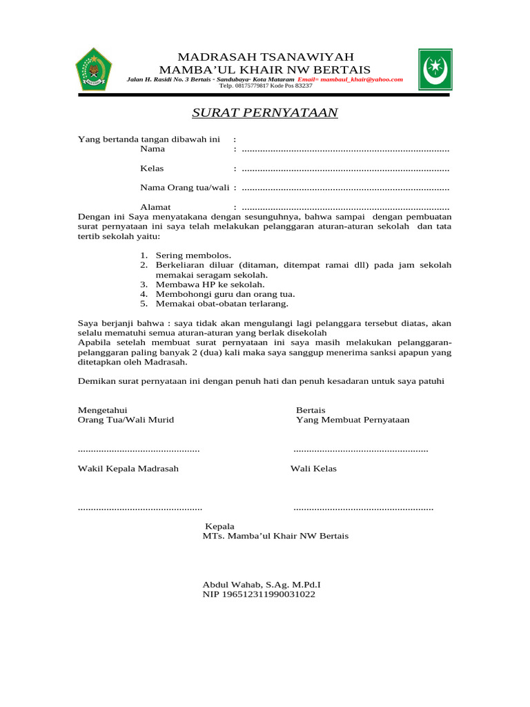 Surat Pernyataan Siswa Mts | PDF