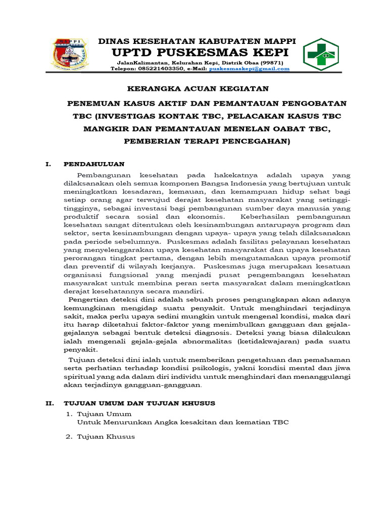 TOR Dan RAB RINCIAN MENU PENEMUAN KASUS AKTIF DAN PEMANTAUAN PENGOBATAN TBC | PDF