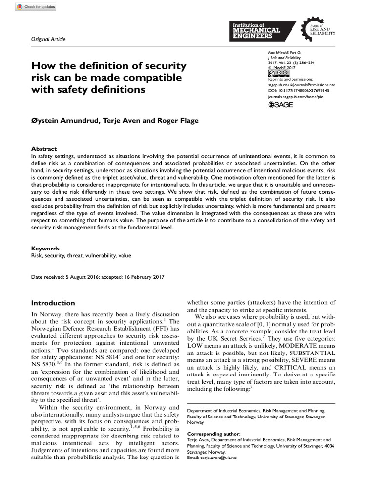 Amundrud Et Al 2017 How The Definition of Security Risk Can Be Made ...
