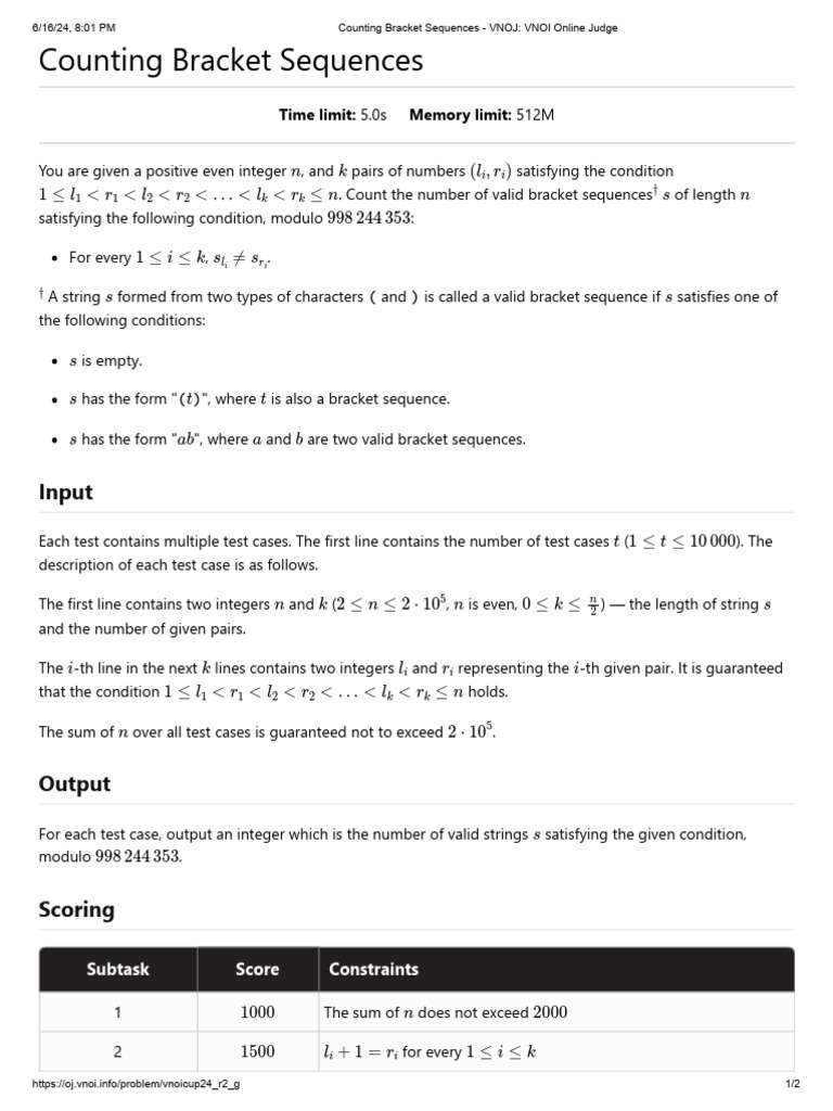 Counting Bracket Sequences - VNOJ - VNOI Online Judge | PDF | Mathematics | Discrete Mathematics