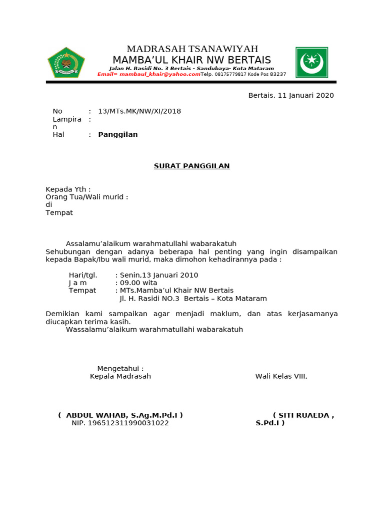 Surat Panggilan Orang Tua | PDF
