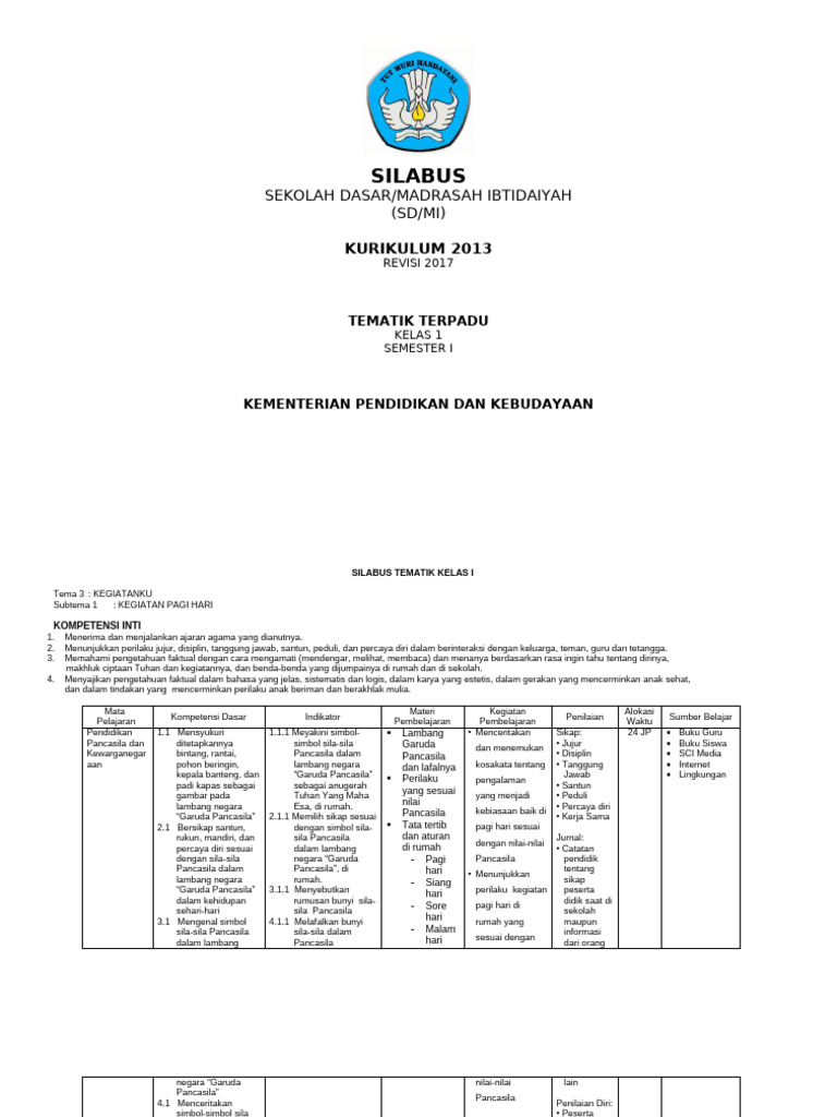 Silabus Kelas 1 Tema 3 2020-2021 | PDF
