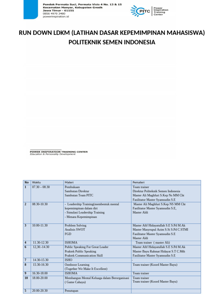 RUNDOWN - LDKM Politeknik Semen Indonesia | PDF