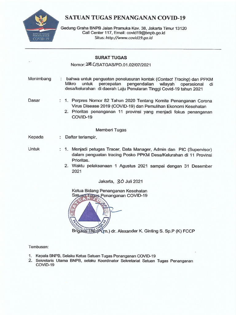 Surat Tugas Tracer, Data Manager, PIC Dan Admin Tracing 2021 | PDF
