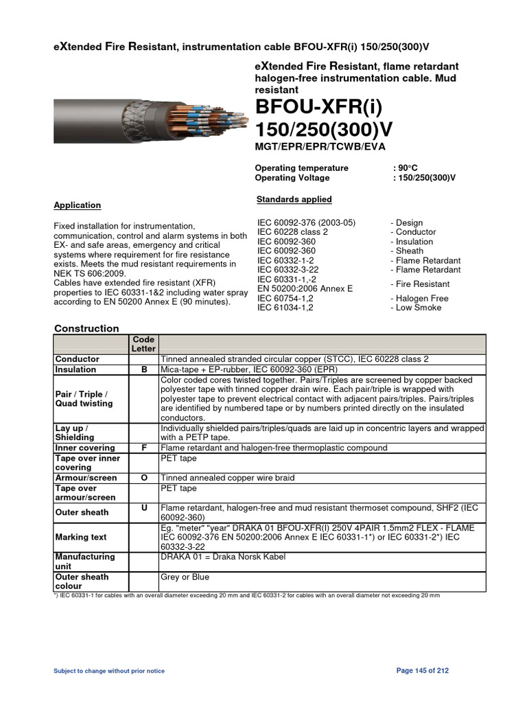 Extended Fire Resistant Instrumentation Cable BFOU XFRi 150 250300V 1 ...