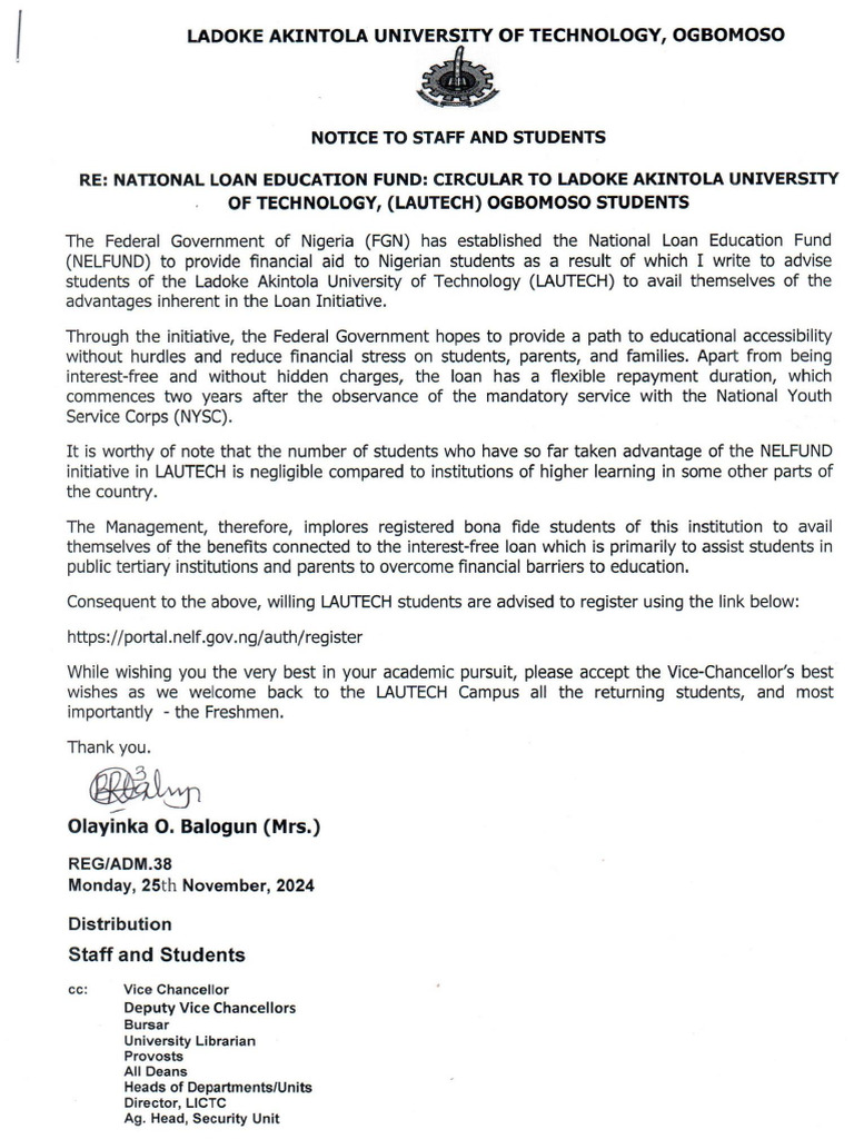Notice To Staff and Students On National Loan Education Fund | PDF