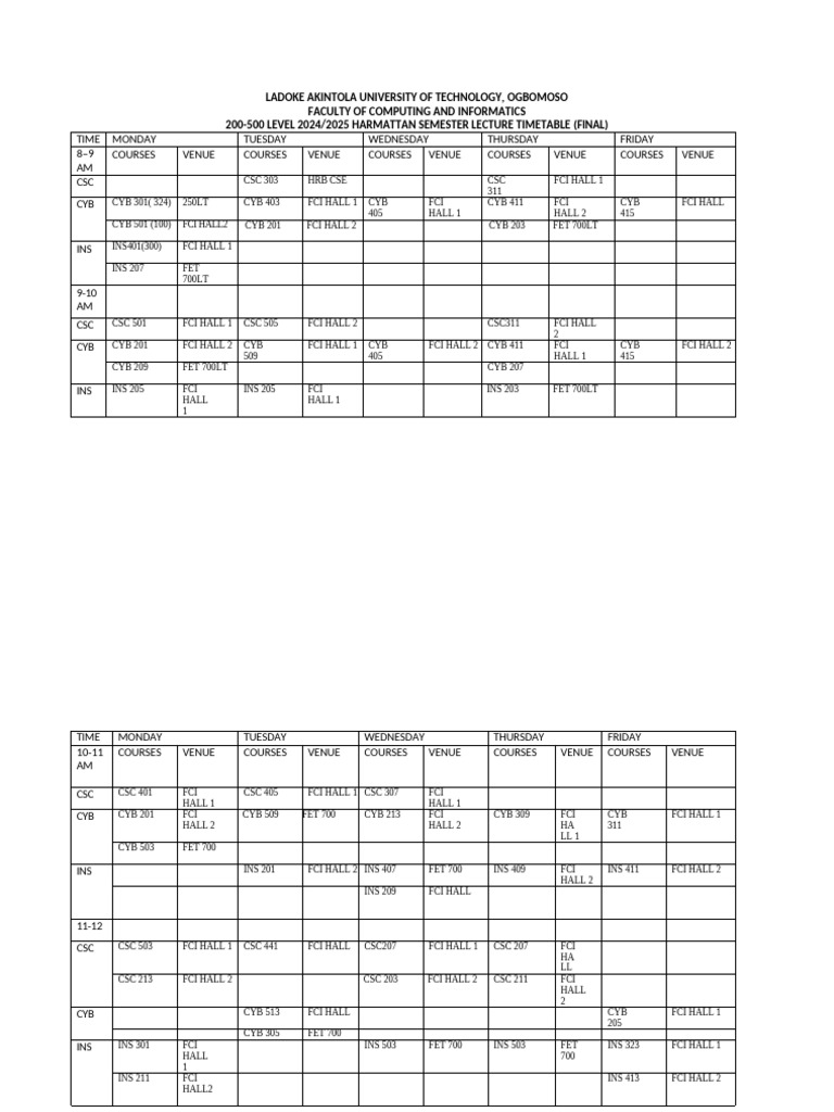 8.fci Final 2024 - 2025 Harmattan Semester Lecture Time Table For 200 ...