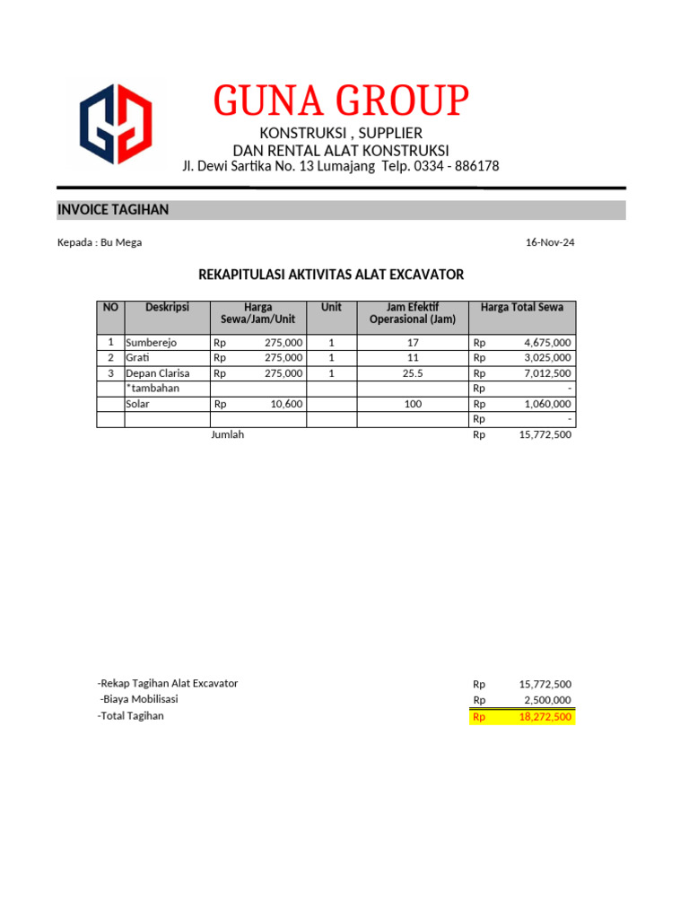 Invoice Alat Berat Bu Mega | PDF