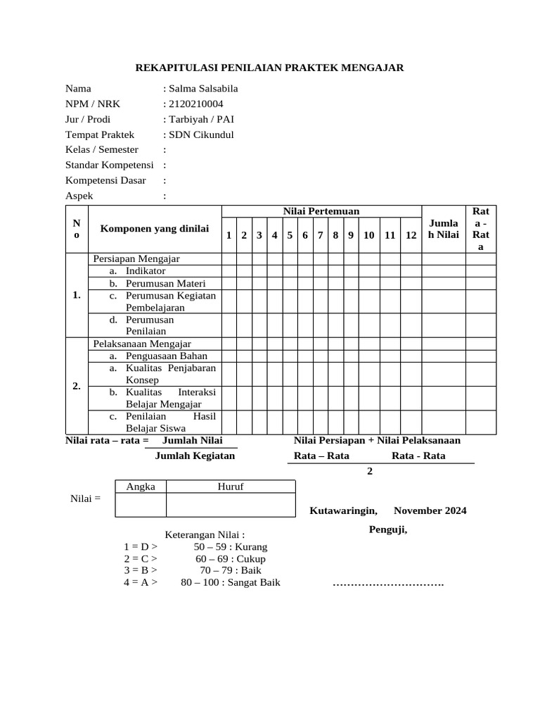 Rekapitulasi Penilaian Praktek Mengajar | PDF