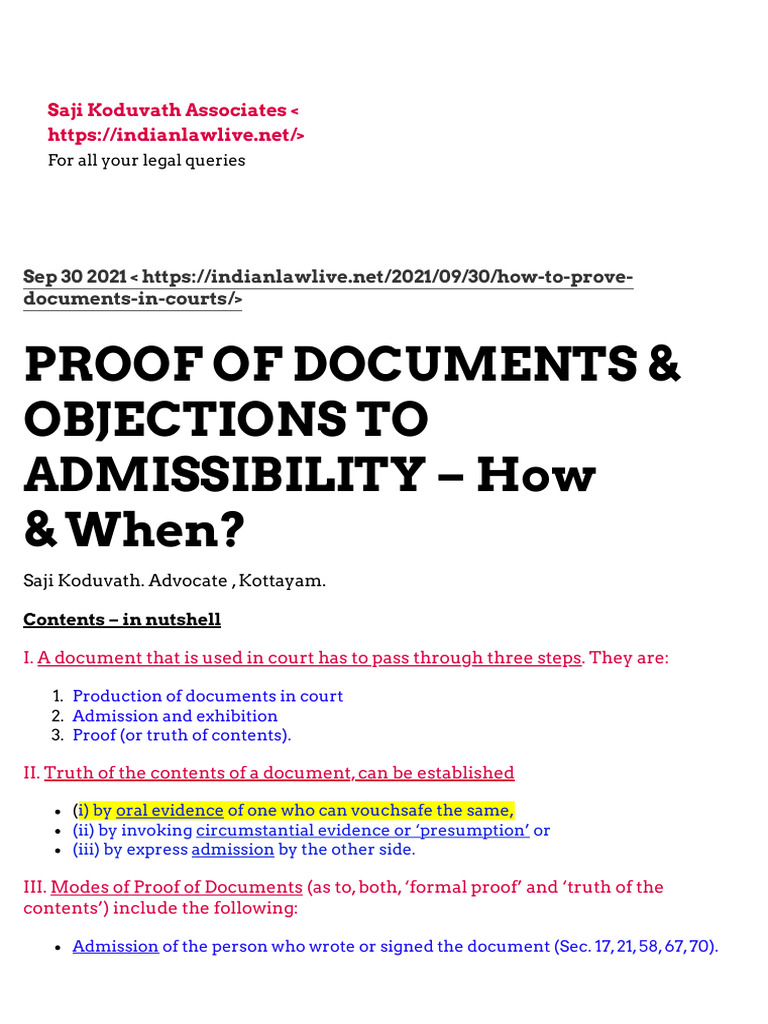Proof of Documents & Objections To Admissibility | PDF | Evidence (Law ...