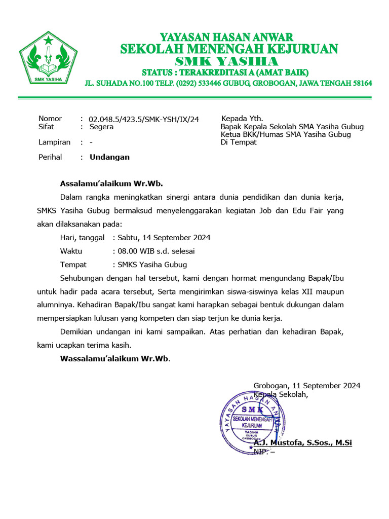 Surat Undangan Job Fair SMA Yasiha Gubug | PDF