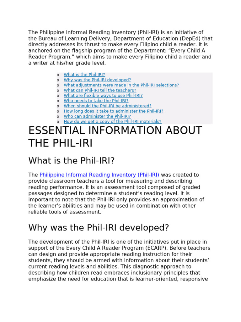 The Philippine Informal Reading Inventory | PDF | Reading Comprehension ...