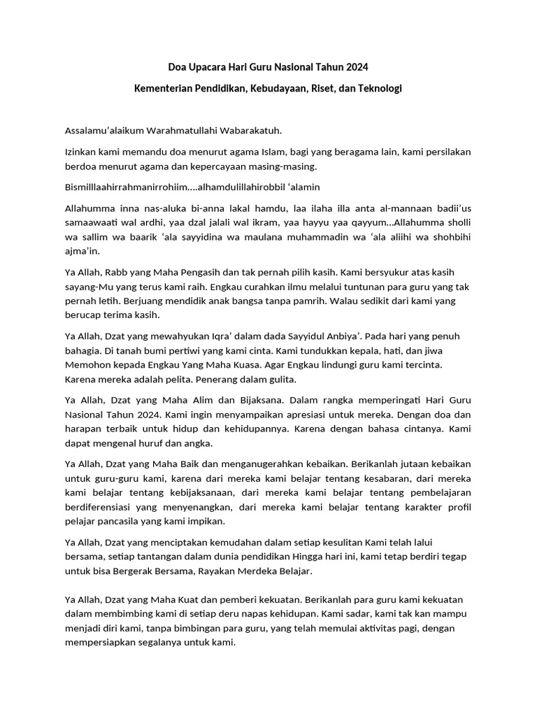 Doa Upacara Hari Guru Nasional Tahun 2024 | PDF