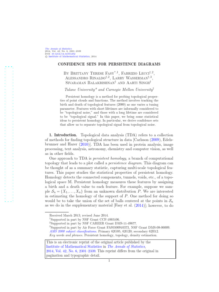 Confidence Sets For Persistence Diagrams | PDF | Bootstrapping (Statistics) | Statistical Inference