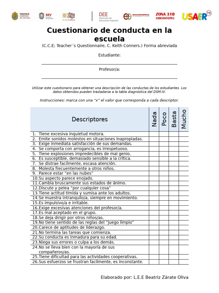Cuestionario Conners | PDF | Desorden hiperactivo y deficit de atencion