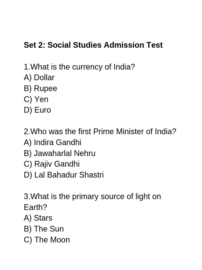 Social Studies Admission Test Questions | PDF