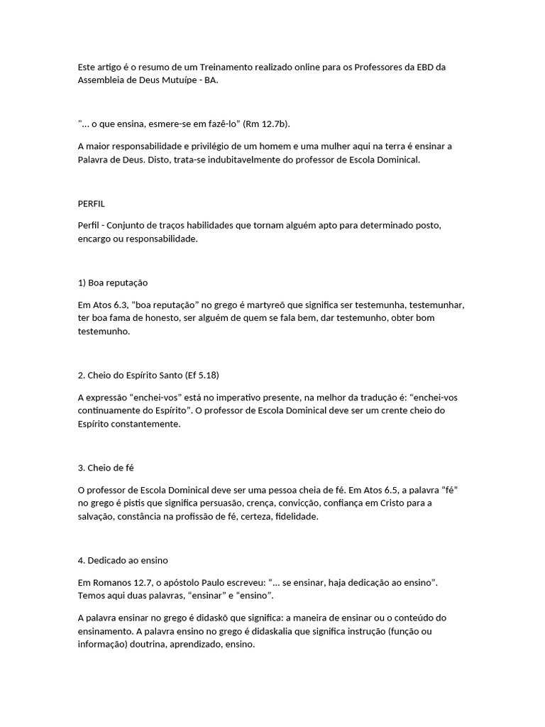 Este Artigo É o Resumo de Um Treinamento Realizado Online para Os Professores Da EBD Da ...