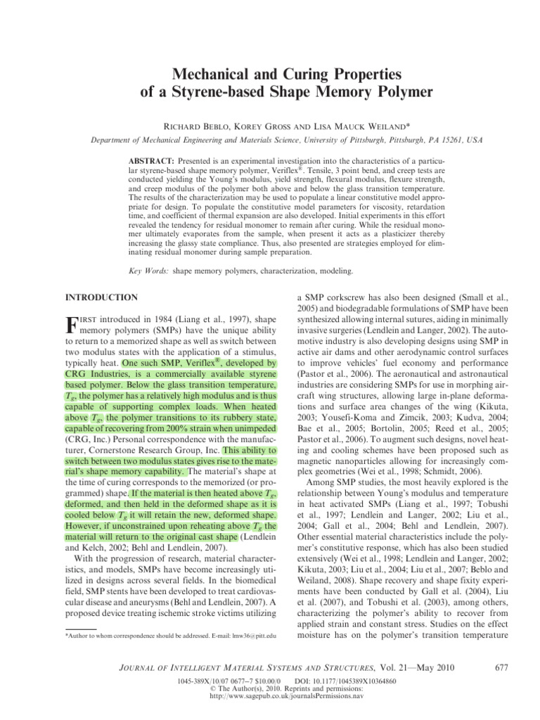 Mechanical and Curing Properties of A Styrene-Based Shape Memory Polymer | PDF | Deformation ...