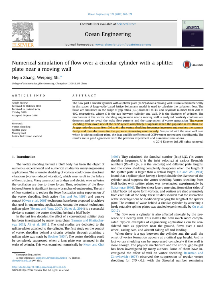 Hejin 2016 Numerical | PDF | Vortices | Lift (Force)