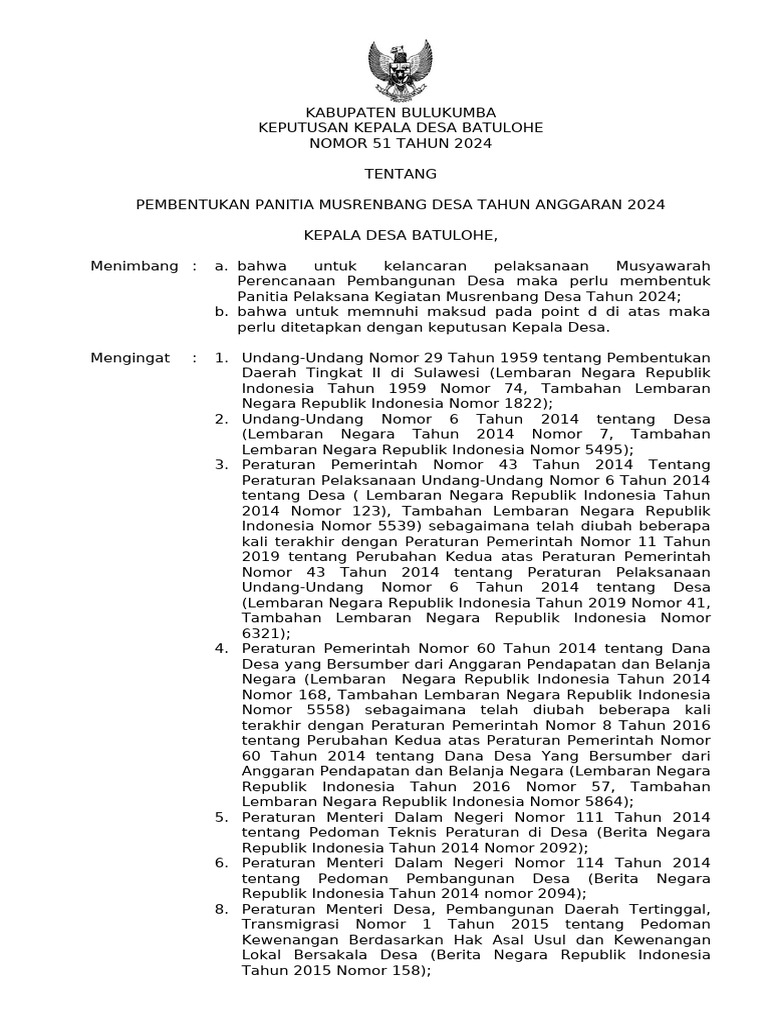 SK 2024 - 51 - Panitia Musrenbang RKPDes 2024 | PDF