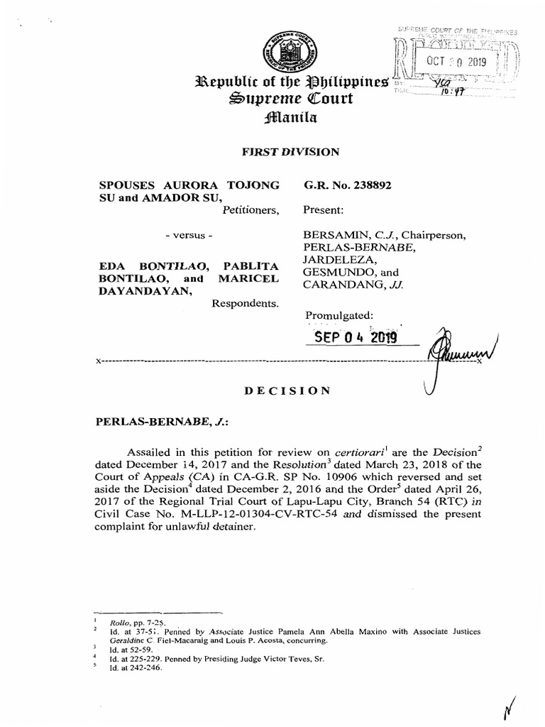 G.R. No. 238892 Sps. SU vs. Bontilao - Ejectment | PDF | Summary Judgment | Pleading