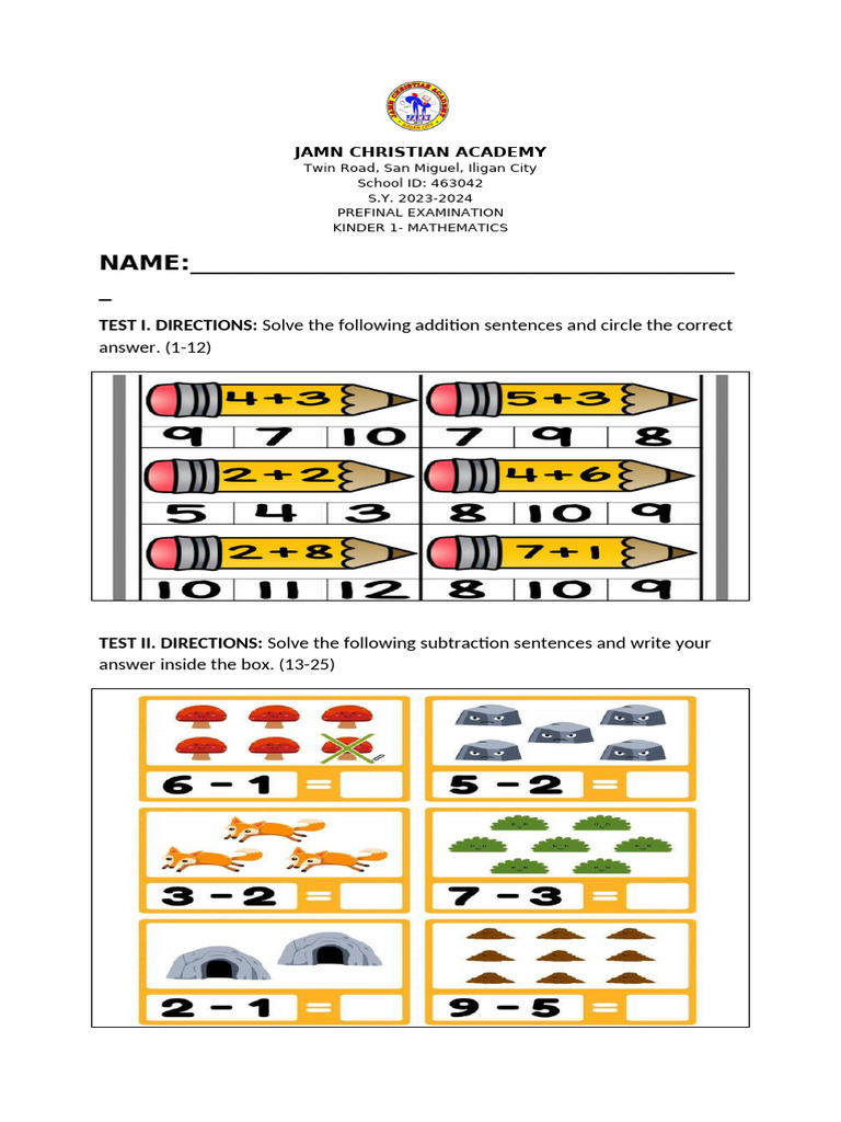 Kinder 1 Prefinal Exam | PDF