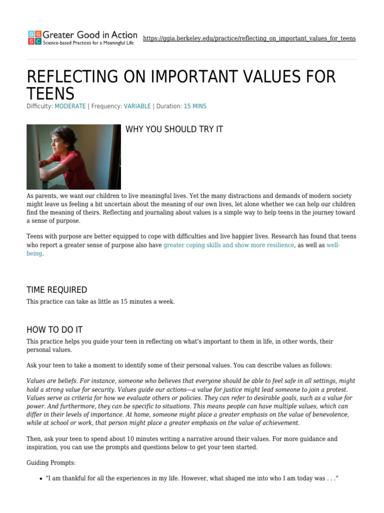 Practice Reflecting On Important Values For Teens | PDF | Adolescence ...