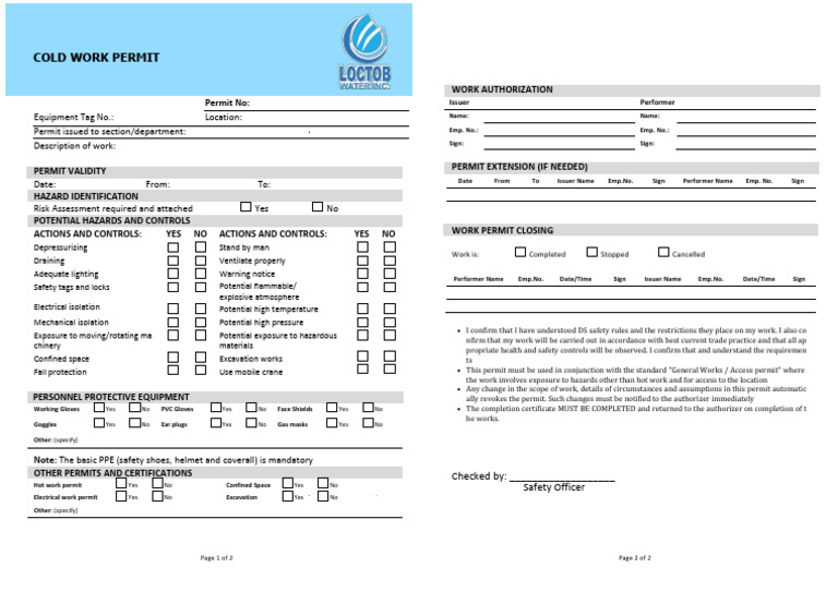 Loctob - Cold Work Permit - 1 | PDF | Personal Protective Equipment ...