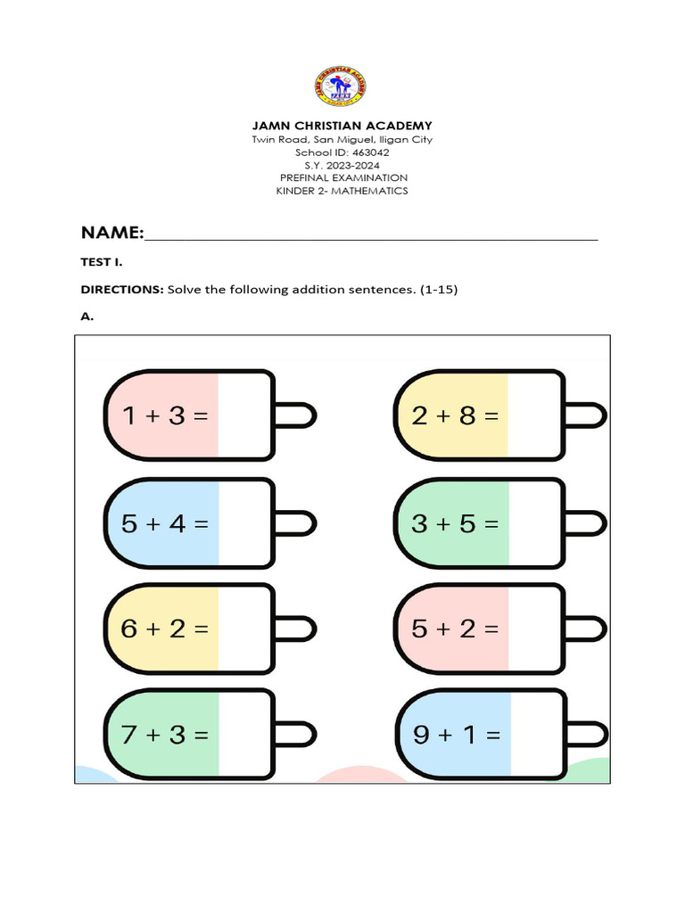 Kinder 2 Prefinal Exam 2023-2024 | PDF