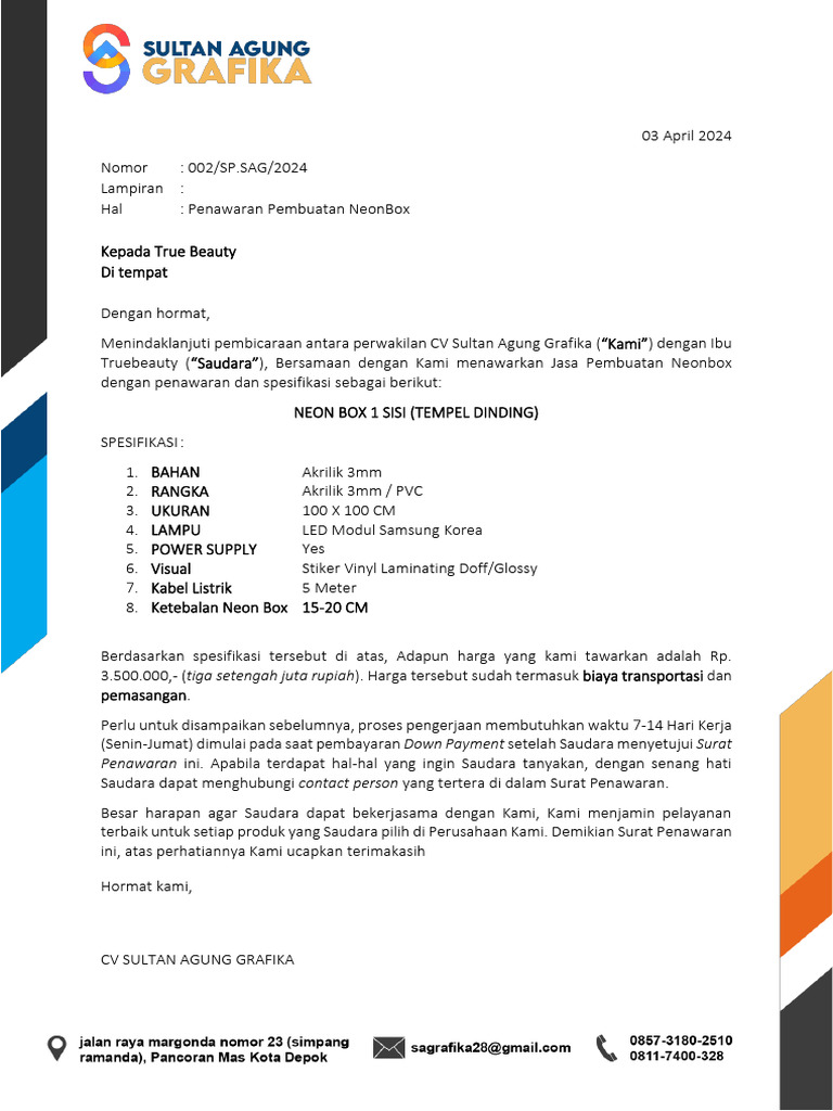 Surat Penawaran Sag - True Beauty | PDF