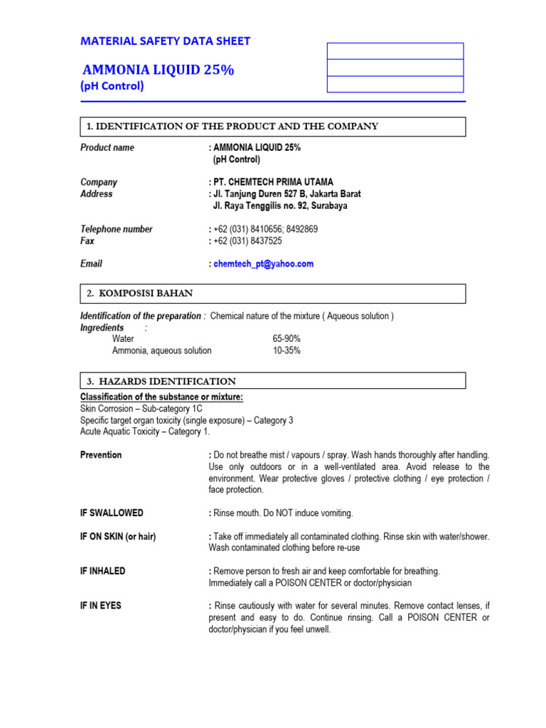 Ammonia Liquid 25% MSDS Guide | PDF | Dangerous Goods | Personal ...