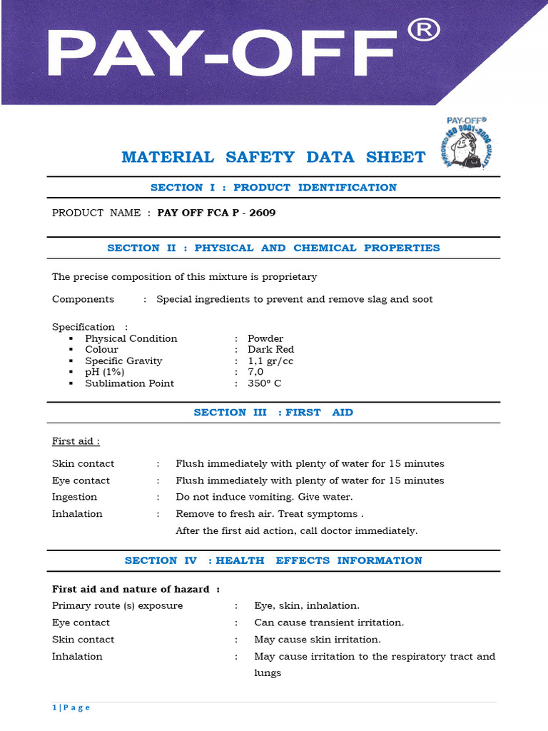 MSDS FCA P - 2609 (Umum) | PDF | Toxicity | Personal Protective Equipment