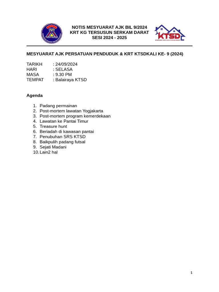 Notis Mesyuarat KRT Kali-9 | PDF