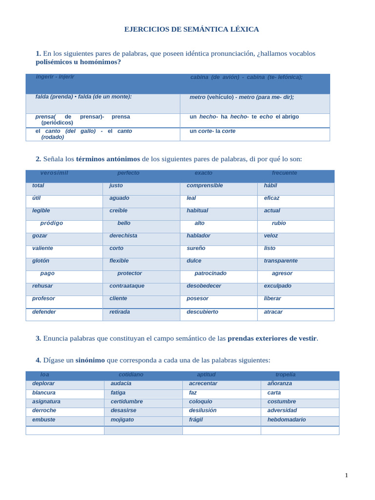 Ejercicios de Semántica Léxica 1 | PDF