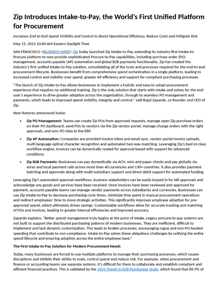 Zip - Introduces Intake-to-Pay, The World's First Unified Platform For ...