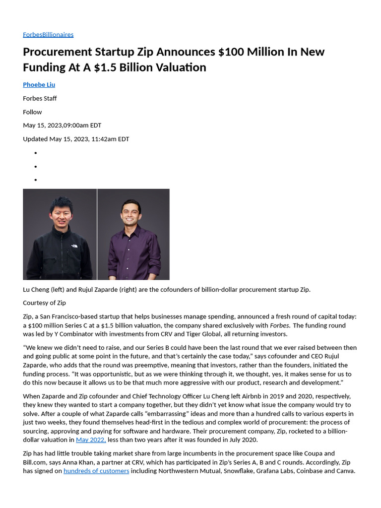 Zip - Procurement Startup Zip Announces $100 Million in New Funding at ...