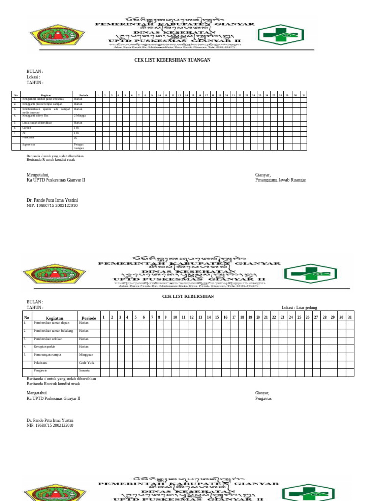 Cek List Kebersihan Ruangan | PDF