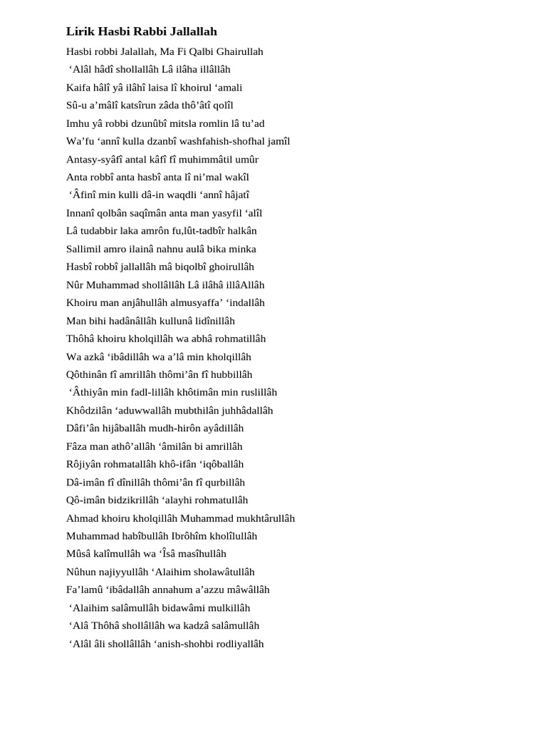 Lirik Sholawat Hasbi Robbi Jallallah | PDF | Semitic Words And Phrases
