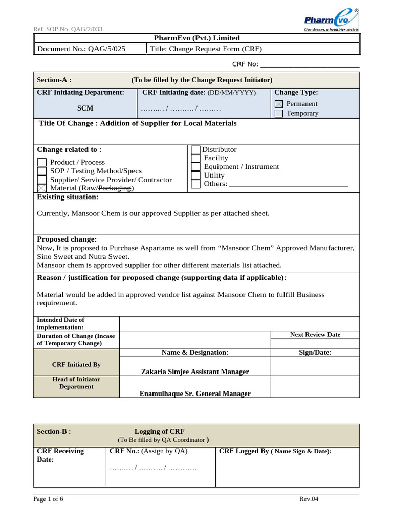 QAG5025 04 Change Request Form - Addition of Local Supplier Mansoor ...